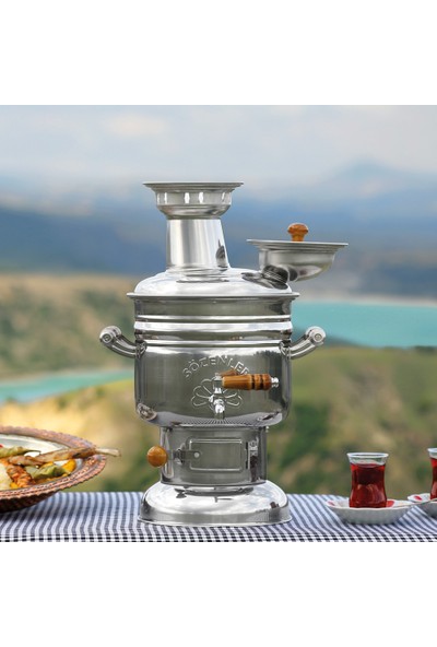 Sözenler 4 Litre Krom Kömürlü Semaver Porselen Kulp KS11 P-Dicle