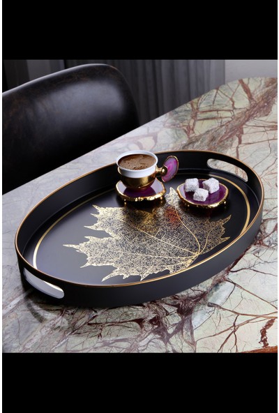 Queen's Kitchen Yaldızlı Lüx Oval Büyük Tepsi