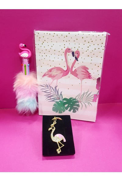 Çınar Dizayn Flamingo Kilitli Hatıra ve Günlük Defteri + Tükenmez Kalem + Anahtarlık + Kalemlik