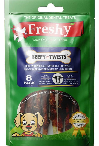 Freshy Sığırlı Twist Kurutulmuş Et Kaplı Köpek Çiğneme Çubuk 8 Adet 13 Cm Freshy Sığırlı Twist Kurutulmuş Et Kaplı Köpek Çiğneme Çubuk 8 Adet 13 Cm