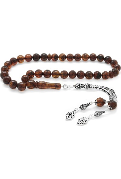 Co Cadeaux 925 Ayar Gümüş Çift Püsküllü Küre Kesim Light Cognag Damla Kehribar Tesbih