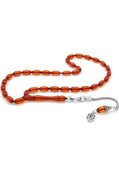 Co Cadeaux 925 Ayar Gümüş Püsküllü Basic Tasarım Arpa Kesim Açık Kırmızı Ateş Kehribar Tesbih