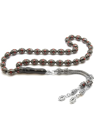 Co Cadeaux 925 Ayar Gümüş Püsküllü Gümüş-Mercan Işleme Arpa Kesim Erzurum Oltu Taşı Tesbih