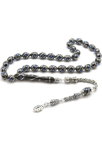 Co Cadeaux 925 Ayar Gümüş Arnavut Püsküllü Gümüş-Firuze Işlemeli Erzurum Oltu Taşı Tesbih