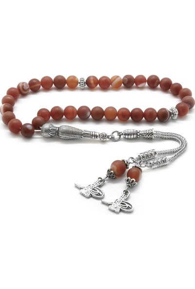 Co Cadeaux Kararmaz Metal Tuğra Püsküllü Küre Kesim Mat Kırmızı Akik Doğaltaş Tesbih