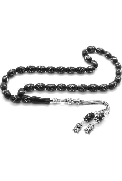 Co Cadeaux 925 Ayar Gümüş Püsküllü Gümüş Tek Zigzag Işlemeli Arpa Kesim Rus Oltu Tesbih