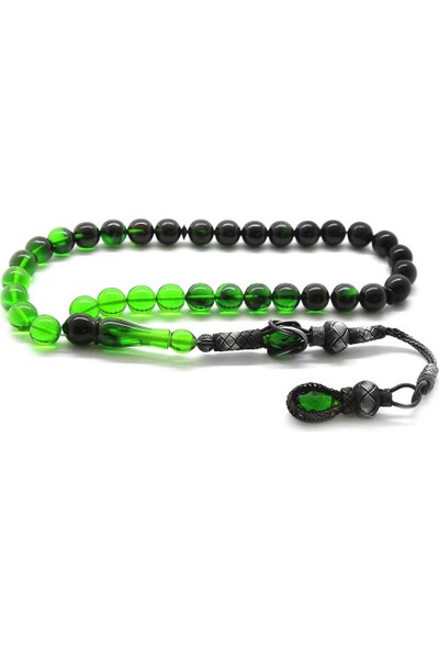 Co Cadeaux 1000 Ayar Gümüş Kazaz Püsküllü Küre Kesim Süzme Yeşil-Siyah Ateş Kehribar Tesbih