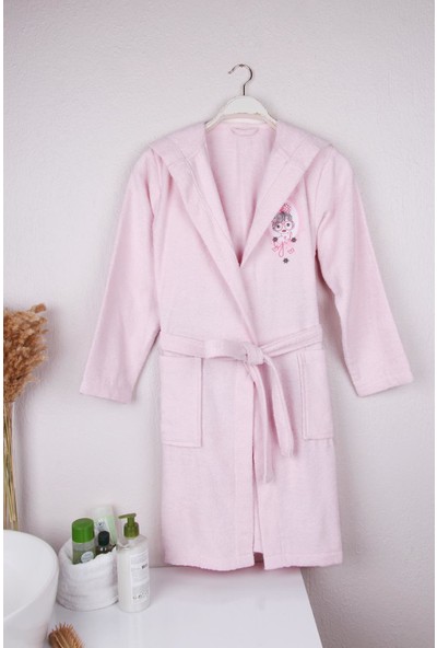 Baveno Pamuk Nakışlı Kapşonlu Kız Çocuk Bornoz