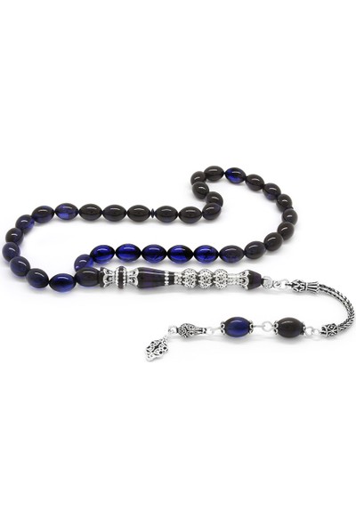 Co Cadeaux 925 Ayar Gümüş Püsküllü Gümüş Üç Şerefeli Nakkaş Imameli Süzme Mavi-Siyah Sıkma Kehribar Tesbih