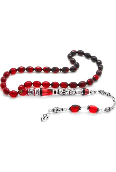 Co Cadeaux 925 Ayar Gümüş Püsküllü Gümüş Üç Şerefeli Nakkaş Imameli Süzme Kırmızı-Siyah Ateş Kehribar Tesbih