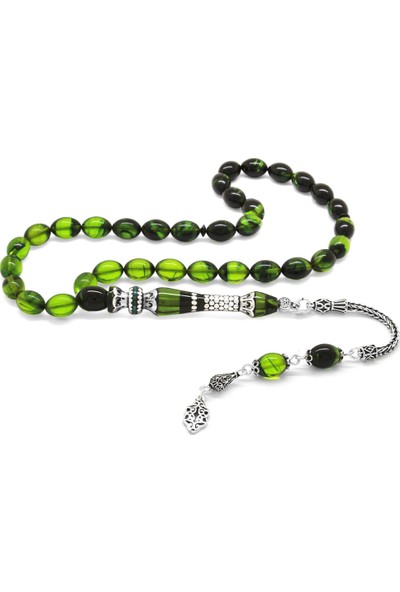 Co Cadeaux 925 Ayar Gümüş Püsküllü Gümüş Nakkaş Imameli Süzme Yeşil-Siyah Ateş Kehribar Tesbih