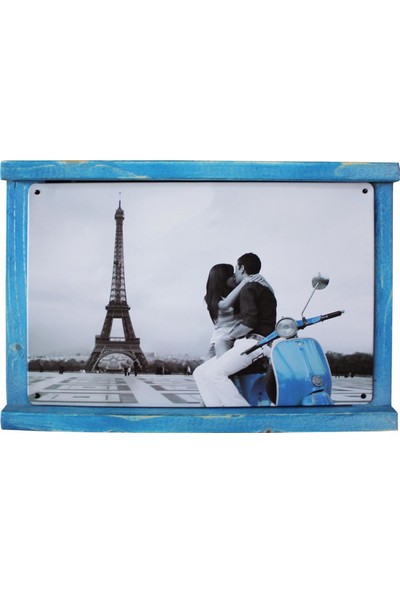 T-Bek Rustik Ahşap Çerçeveli Vintage Metal Pano Eiffel 20X30