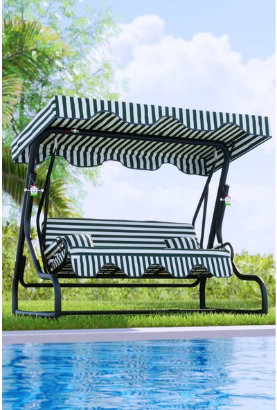 Yekta Çizgili Yeşil 3 Kişilik Bahçe Salıncak Balkon Salıncağı