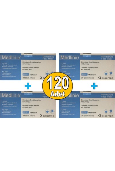 Medlinie 3 Katlı 1. Kalite Meltblown Filtreli Burun Telli Ultrasonic Cerrahi Maske 30’lu x 4 Adet Medlinie 3 Katlı 1. Kalite Meltblown Filtreli Burun Telli Ultrasonic Cerrahi Maske 30’lu x 4 Adet