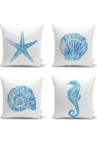 RealHomes 4'lü Deniz Canlıları Konseptli Dekoratif Yastık Kılıfı Seti