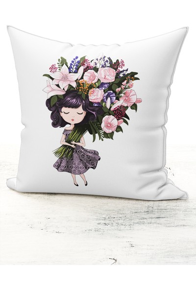 Bk Home Dekor Modern Çiçek Kız Desen Kırlent Kılıfı Bk Home Dekor Modern Çiçek Kız Desen Kırlent Kılıfı