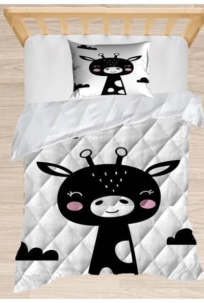 Else Halı Else Siyah Beyaz Sevimli Zürafa 3D Desenli Tek Kişilik Çocuk Yorgan Uyku Seti