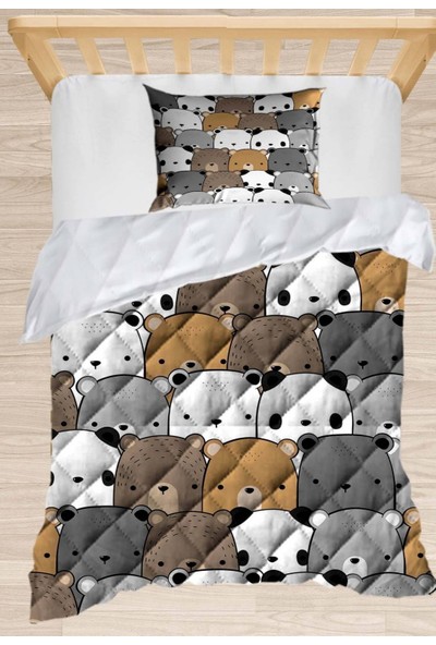 Else Halı Else Gri Kahve Sevimli Ayıcıklar 3D Desenli Tek Kişilik Çocuk Yorgan Uyku Seti