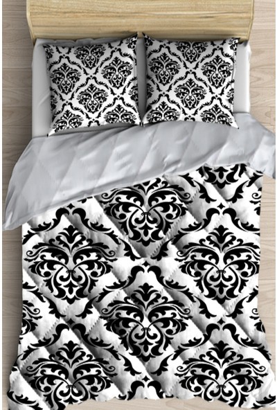Else Halı Else Siyah Beyaz Damask Etnik 3D Desenli Çift Kişilik Mikrofiber Yorgan Uyku Seti