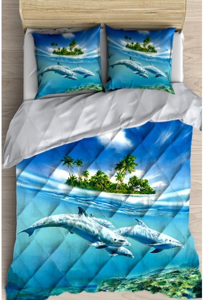 Else Halı Else Mavi Yunuslar Deniz 3D Desenli Çift Kişilik Mikrofiber Yorgan Uyku Seti
