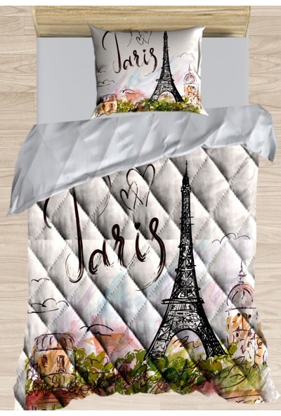 Else Halı Else Paris Yazılı Eyfel Kulesi 3D Desenli Tek Kişilik Mikrofiber Yorgan Uyku Seti