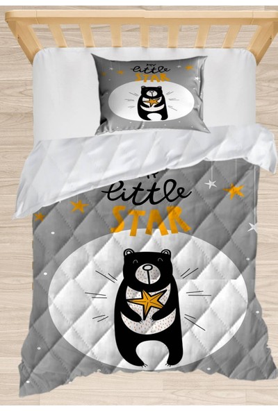 Else Halı Else Siyah Gri Yıldızlı Ayılı 3D Desenli Tek Kişilik Çocuk Yorgan Uyku Seti