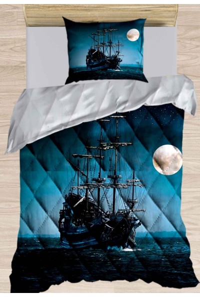 Else Halı Else Siyah Mavi Gemili Deniz 3D Desenli Tek Kişilik Mikrofiber Yorgan Uyku Seti