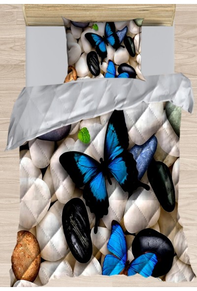 Else Halı Else Çakıl Taşlı Mavi Kelebekler 3D Desenli Tek Kişilik Mikrofiber Yorgan Uyku Seti