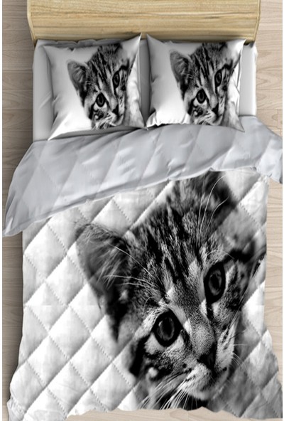 Else Halı Else Gri Beyaz Kedili 3D Desenli Çift Kişilik Mikrofiber Yorgan Uyku Seti
