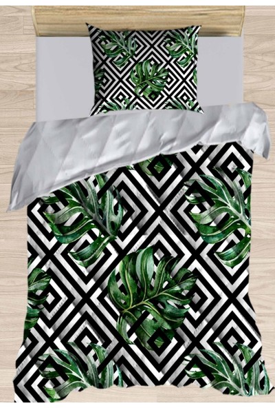 Else Halı Else Siyah Beyaz Ogee Yeşil Yapraklı 3D Desenli Tek Kişilik Mikrofiber Yorgan Uyku Seti