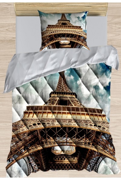 Else Halı Else Mavi Bulutlar Eyfel Kulesi 3D Desenli Tek Kişilik Mikrofiber Yorgan Uyku Seti