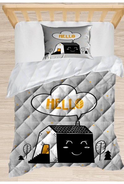 Else Halı Else Gri Siyah Minik Ev 3D Desenli Tek Kişilik Çocuk Yorgan Uyku Seti