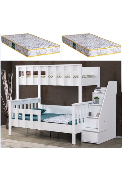 MDF Profil Ranza, Deluxe Ayrılabilir Ranza - Beyaz + 2 Adet Comfort Yatak MDF Profil Ranza, Deluxe Ayrılabilir Ranza - Beyaz + 2 Adet Comfort Yatak