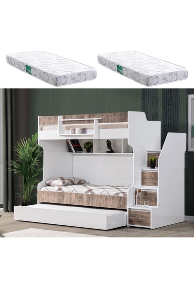 Setay Ranza, Cesur 3lü Yavrulu Ranza, Ceviz + 2 Adet Comfort Yaylı Yatak Setay Ranza, Cesur 3lü Yavrulu Ranza, Ceviz + 2 Adet Comfort Yaylı Yatak