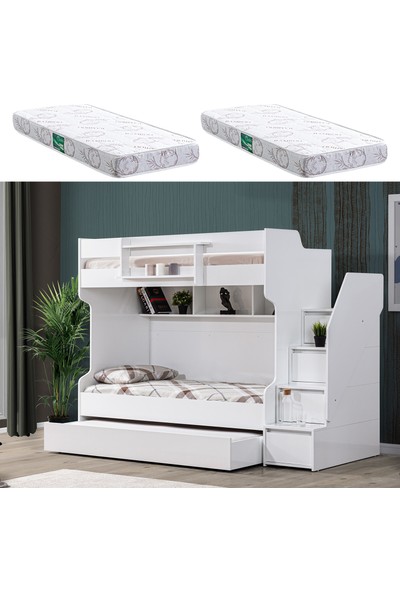 Setay Ranza, Cesur 3lü Yavrulu Ranza, Beyaz + 2 Adet Comfort Yaylı Yatak Setay Ranza, Cesur 3lü Yavrulu Ranza, Beyaz + 2 Adet Comfort Yaylı Yatak