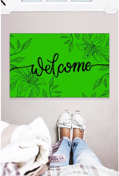Buket Home Welcome Yeşil Zemin Dekoratif Kapı Önü Paspası