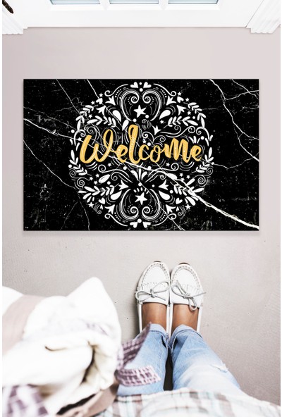 Buket Home Siyah Granit Desen Welcome Dekoratif Kapı Önü Paspası