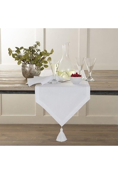 Zeren Home Beyaz Renk Dertsiz Üçgen Püsküllü Runner 50 x 180 cm