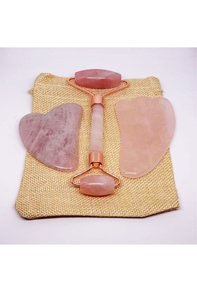 NehirTaş Pembe Kuvars Roller ve 2 li Guasha Yüz Masaj Taşı Özel Kesinlerinde