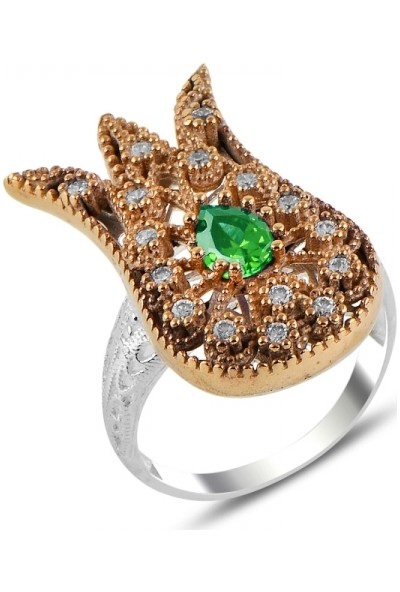 Gülüş Gümüş Lale Desenli Zümrüt Zirkon Taşlı Otantik Yüzük