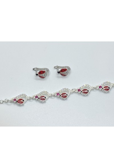 Gülüş Gümüş Uğur Böceği Çocuk Küpe ve Bileklik Takı Seti