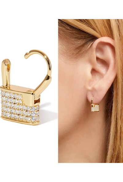 Gülüş Gümüş Zirkon Taşlı Kilit Küpe Altın Kaplama