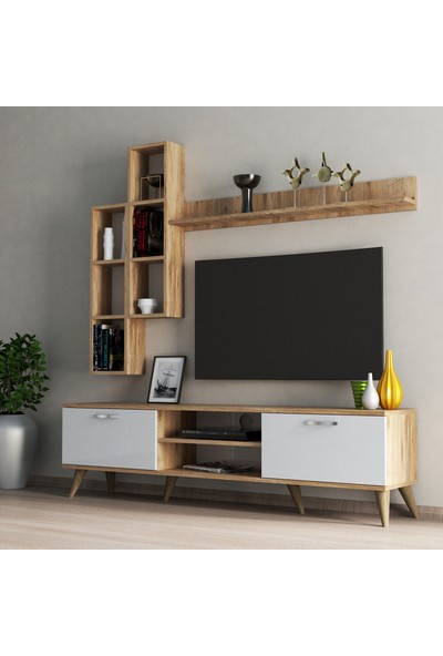Tanmob Mega 180'li Kitaplıklı Raflı Tv Ünitesi Çam-Beyaz - TVU0303