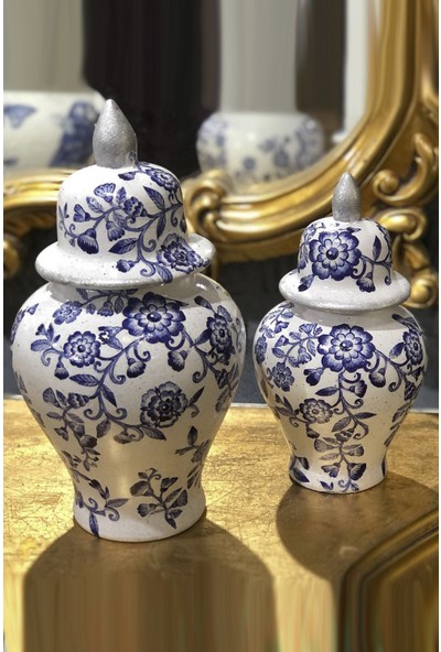 Hk Bleu Blanc Çini Desenli Şah Küp 2'li El Yapımı Büyük Boy