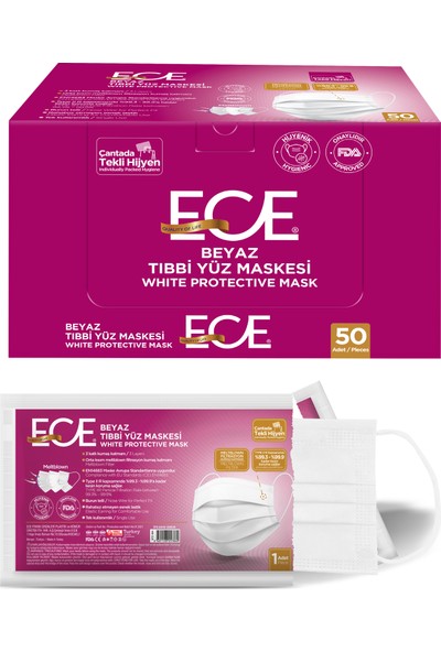 Ece Tek Tek Paketli Beyaz Cerrahi Maske 10 Paket 50'li + 2 Paket 50'li Ece Tek Tek Paketli Beyaz Cerrahi Maske 10 Paket 50'li + 2 Paket 50'li