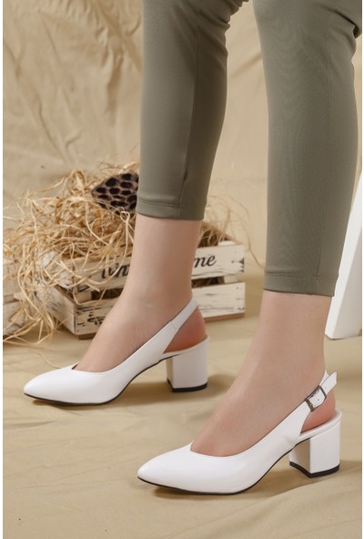 Lenay Beyaz-Cilt Arkası Açık Kalın Topuklu Kadın Ayakkabı...