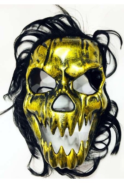 Samur Siyah Saçlı Plastik Halloween Kuru Kafa Maskesi Ss Samur Siyah Saçlı Plastik Halloween Kuru Kafa Maskesi Ss