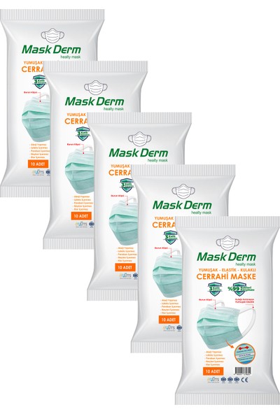 Maskderm Cerrahi Maske Yumuşak Elastik Kullaklı Filtreli Hijyen Paket 50 Adet - Yeşil