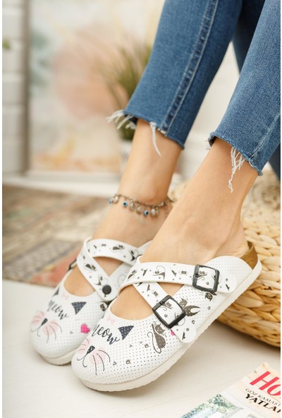 Muggo Mgsabo Kadın Beyaz Baskılı Terlik