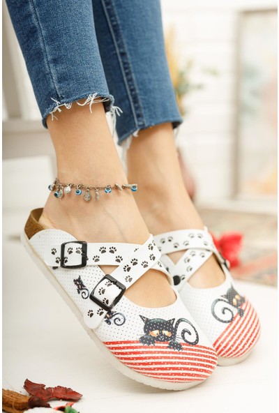 Muggo Mgsabo Kadın Beyaz Baskılı Terlik